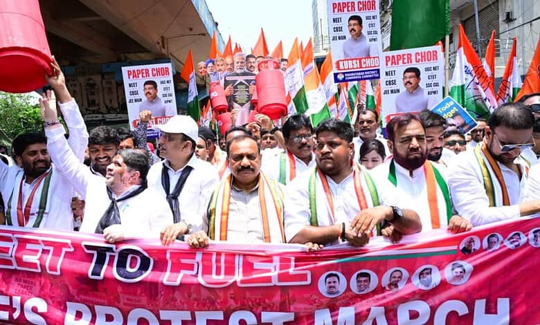 Hyderabad: Congress stages protest over NEET leak, fuel price hike